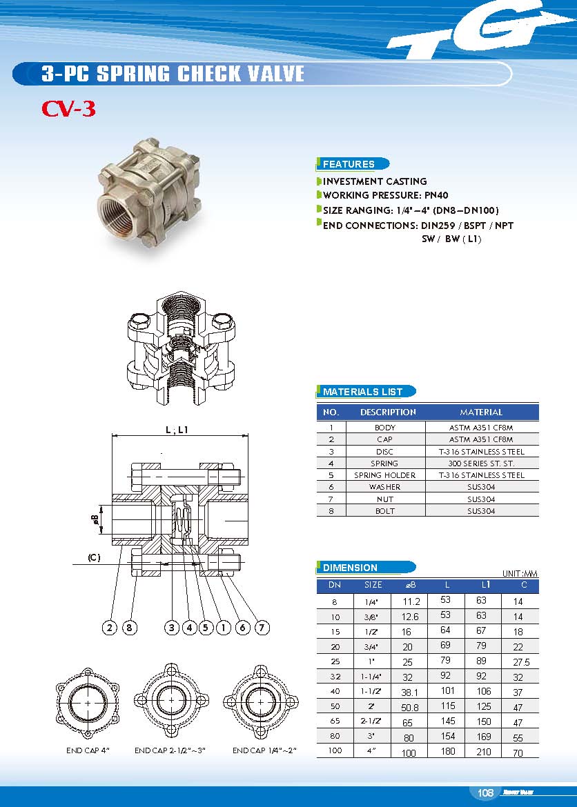3-PC Spring Check Valve - CV-3 - YUENG SHING INDUSTRIAL